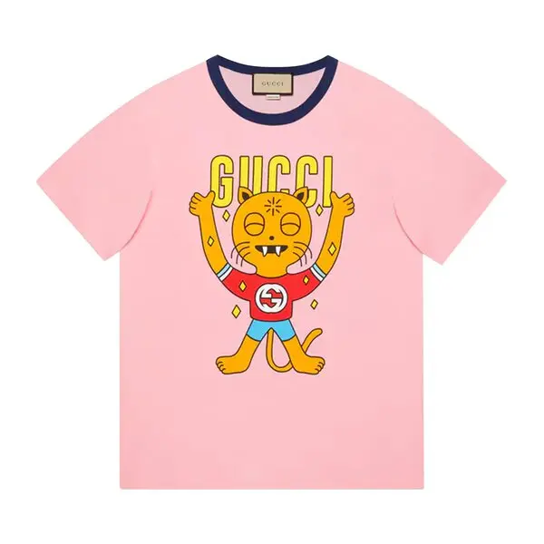 Gucci Cat Print Cotton T-shirt - Pink