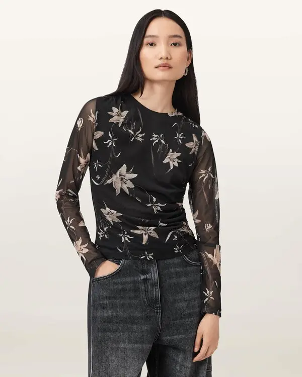 ALLSAINTS Caia Floral Mesh Top - Brown