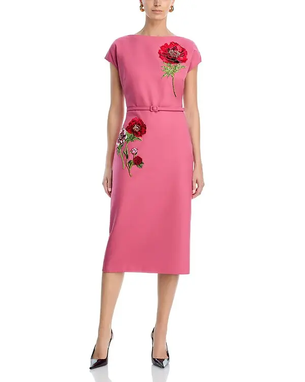 Oscar De La Renta Floral Embroidered Short Sleeve Dress