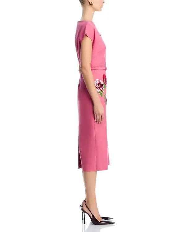 Oscar De La Renta Floral Embroidered Short Sleeve Dress