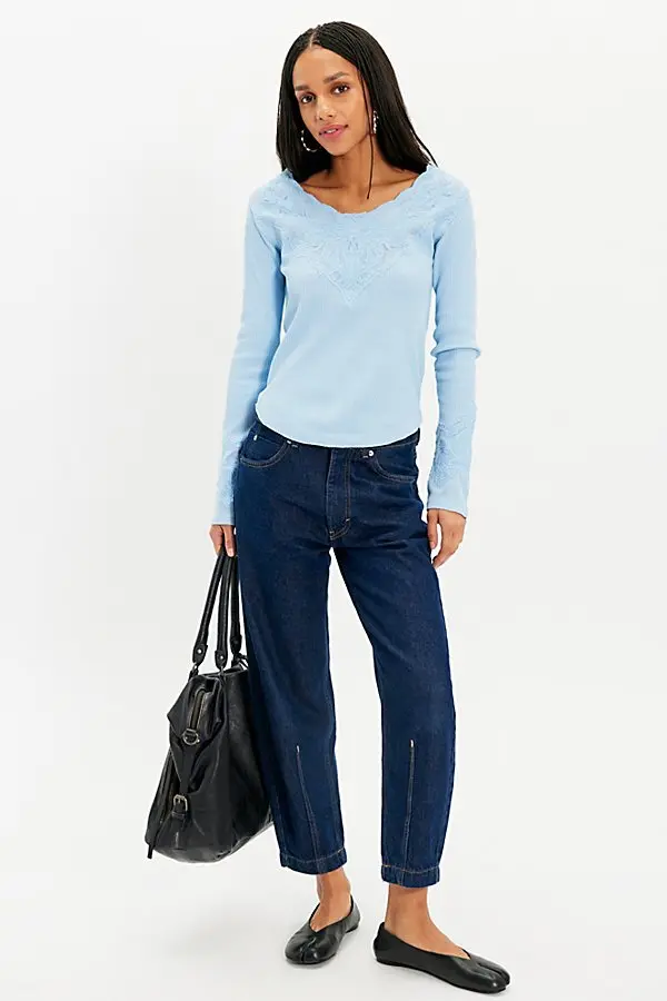 Free People Embroidered Long-sleeve Thermal Top - Cashmere Blue