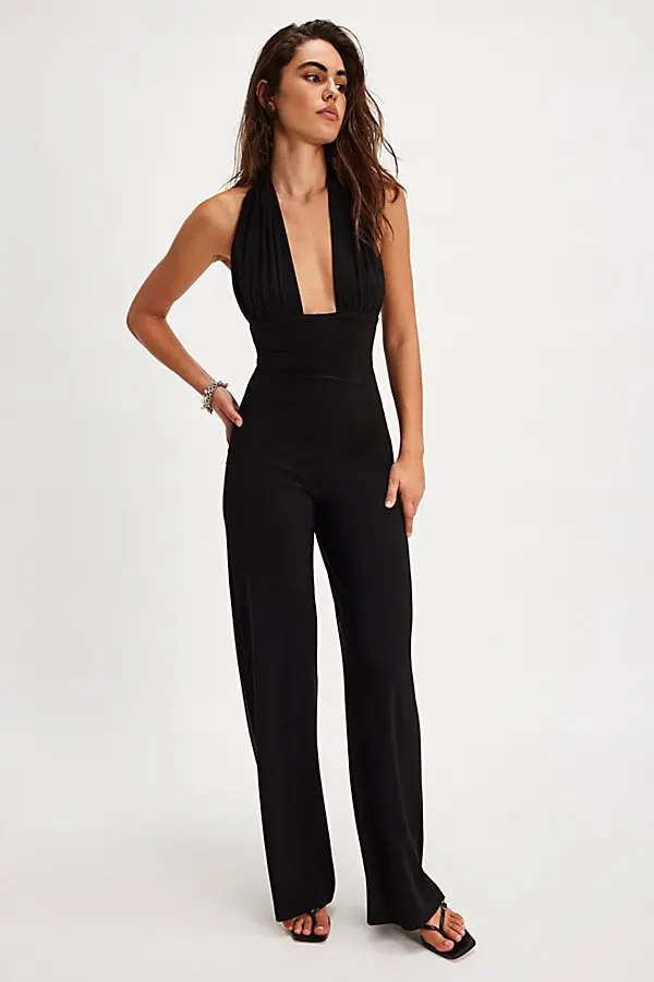 Norma Kamali Cross Halter Straight Leg Jumpsuit - Black