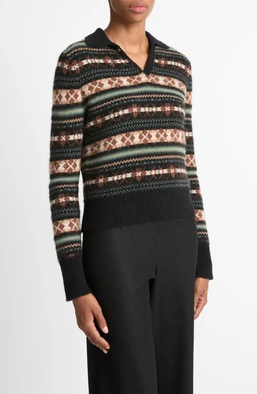 Vince Fair Isle Cashmere Polo Sweater - Cacao/malachite Comb
