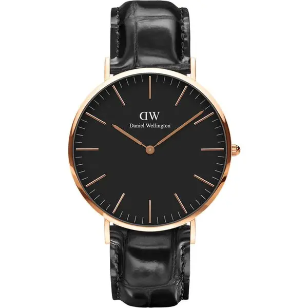 DANIEL WELLINGTON Classic Reading Croc Embossed Leather Strap Watch - Rose Gold
