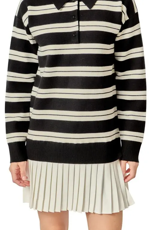 English Factory Stripe Mixed Media Long Sleeve Polo Dress - Black/cream