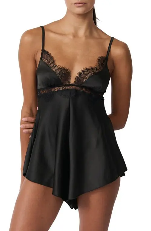 KAT THE LABEL Ray Lace Trim Satin Teddy - Black