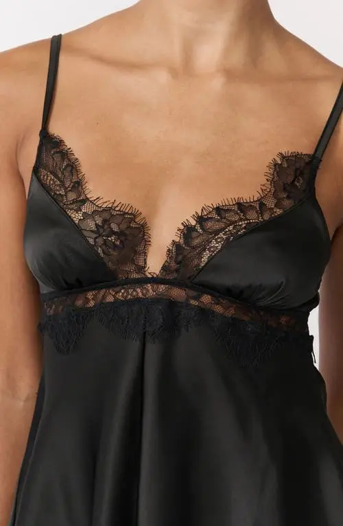 KAT THE LABEL Ray Lace Trim Satin Teddy - Black
