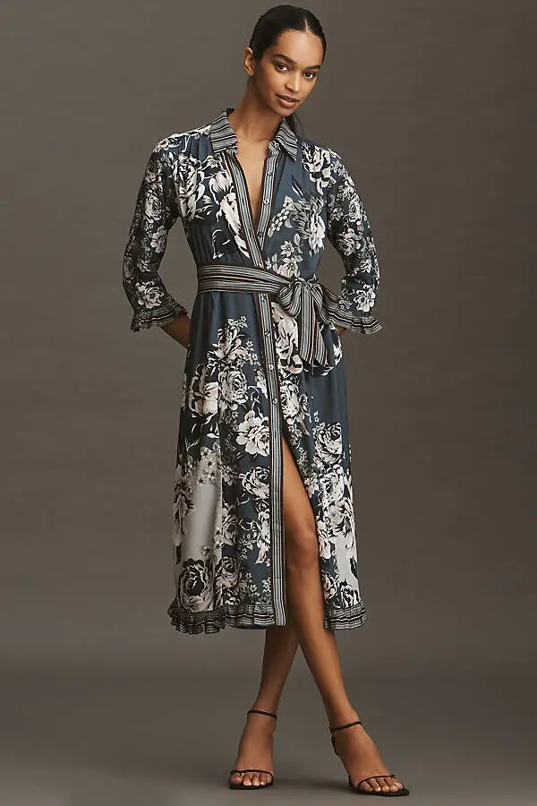 CONDITIONS APPLY Irwania Midi Shirt Dress - Blue Pattern