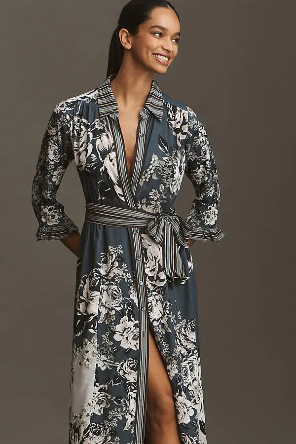 CONDITIONS APPLY Irwania Midi Shirtdress - Blue Pattern