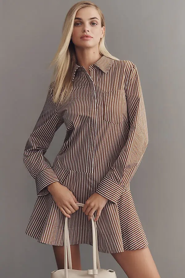 English Factory Long-Sleeve Drop-Waist Mini Shirt Dress In Brown Pattern -  27% Off | Editorialist