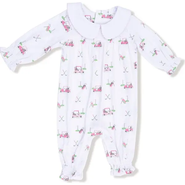 ANGEL DEAR Golf Cart Print Smocked Romper - Pink/white