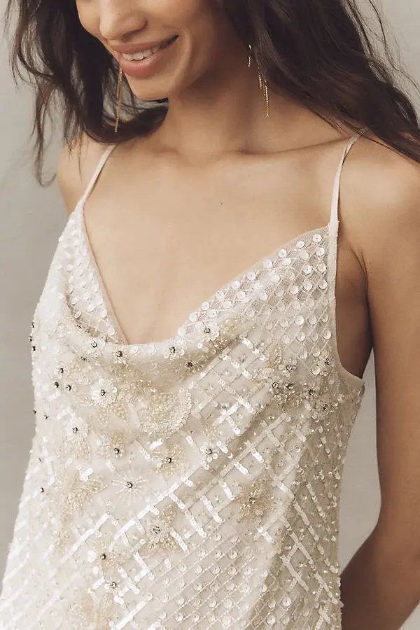 Not So Serious Beaded Cowl-Neck Mini Dress - Ivory | Editorialist