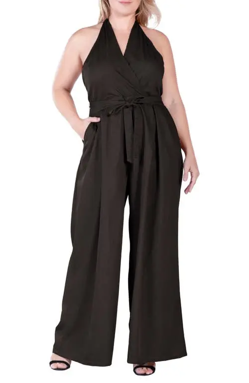 STANDARDS & PRACTICES Wide Leg Poplin Halter Jumpsuit - Black