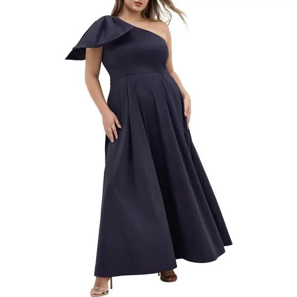 City Chic Captivate Bow One-shoulder A-line Gown - Navy