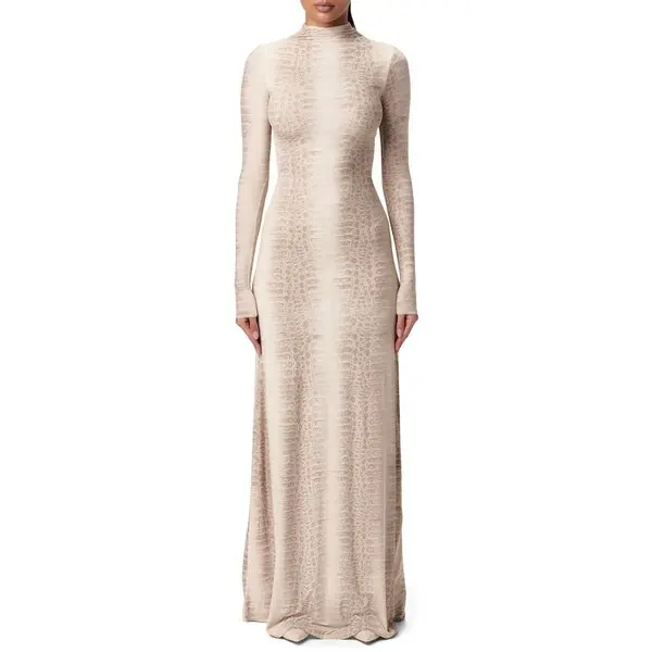 Naked Wardrobe Crocodile Print Funnel Neck Maxi Dress - Bone Croc