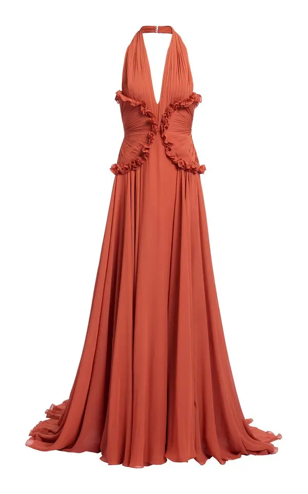 Elie Saab Silk Georgette Halter Gown - Orange