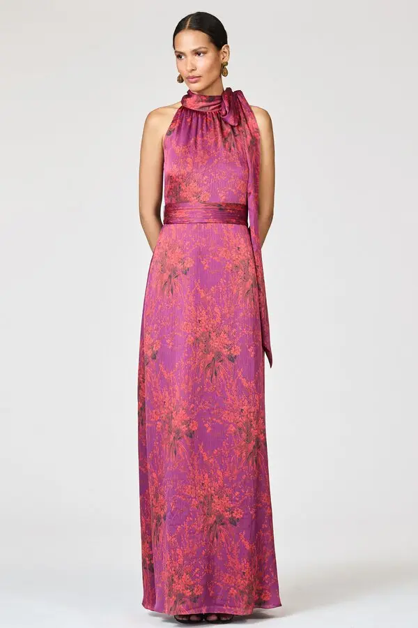 Sachin & Babi Kayla Printed Crinkle Georgette Gown - Raspberry Bouquet
