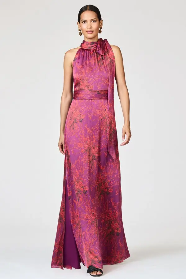 Sachin & Babi Kayla Printed Crinkle Georgette Gown - Raspberry Bouquet