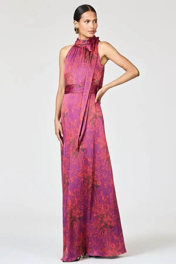 Sachin & Babi Kayla Printed Crinkle Georgette Gown - Raspberry Bouquet