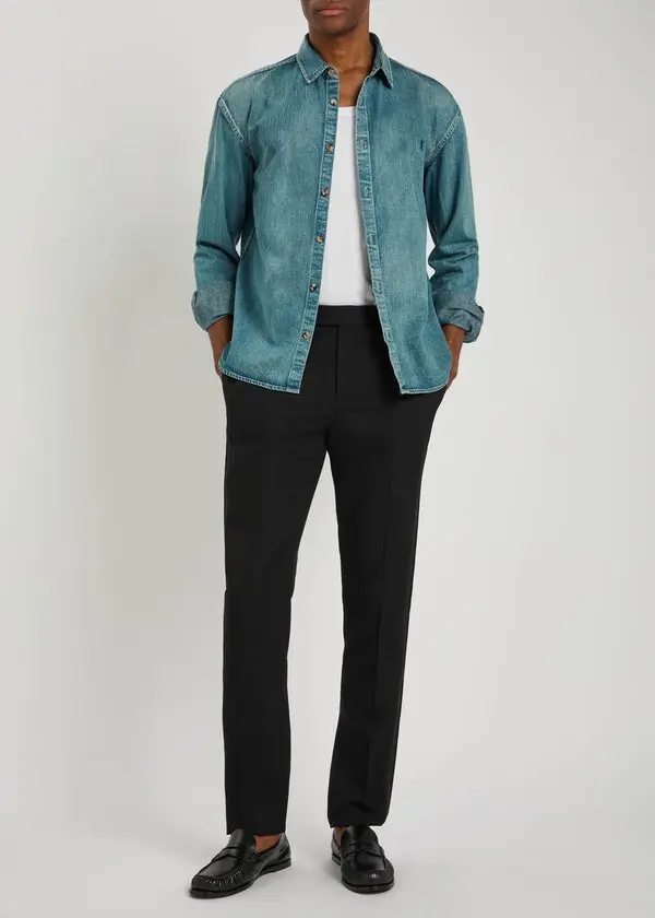 Saint Laurent Logo-embroidered Faded Denim Shirt