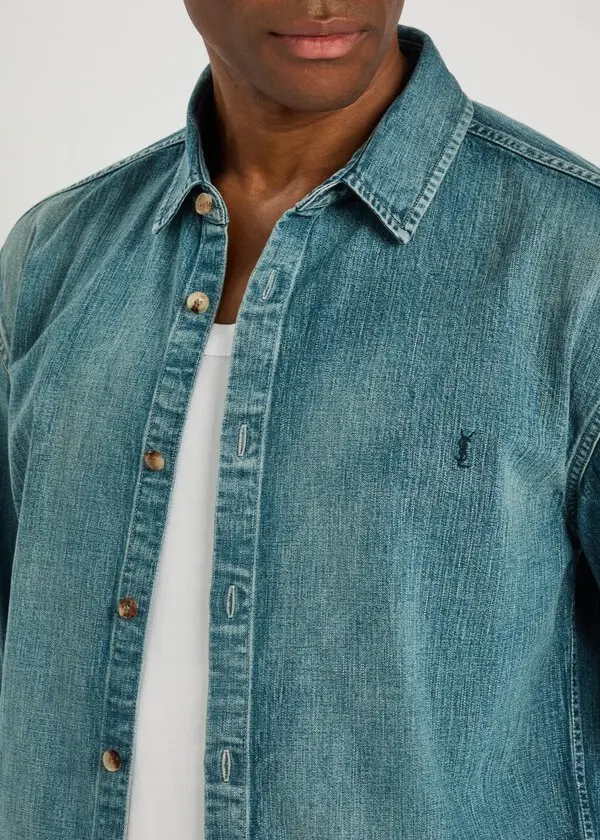 Saint Laurent Logo-embroidered Faded Denim Shirt