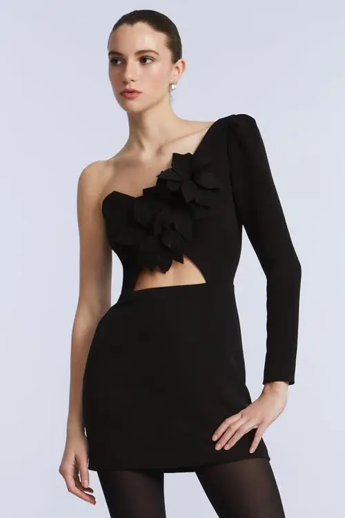 Bcbgmaxazria One-sleeve Crepe Mini Dress With 3d Floral Appliqu