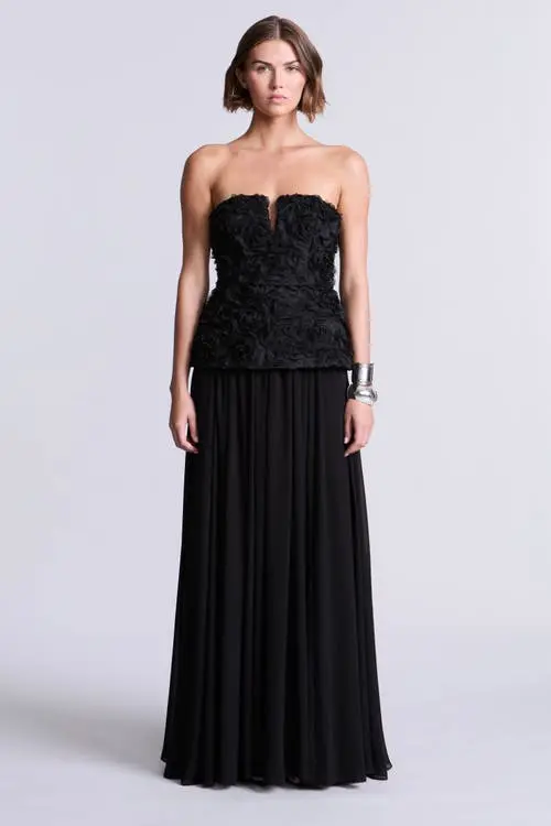 Bcbgmaxazria 3d Floral Strapless Gown - Black
