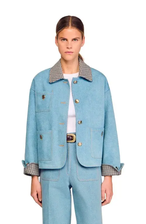 Sandro Plaid Collar Denim Jacket - Blue Jean