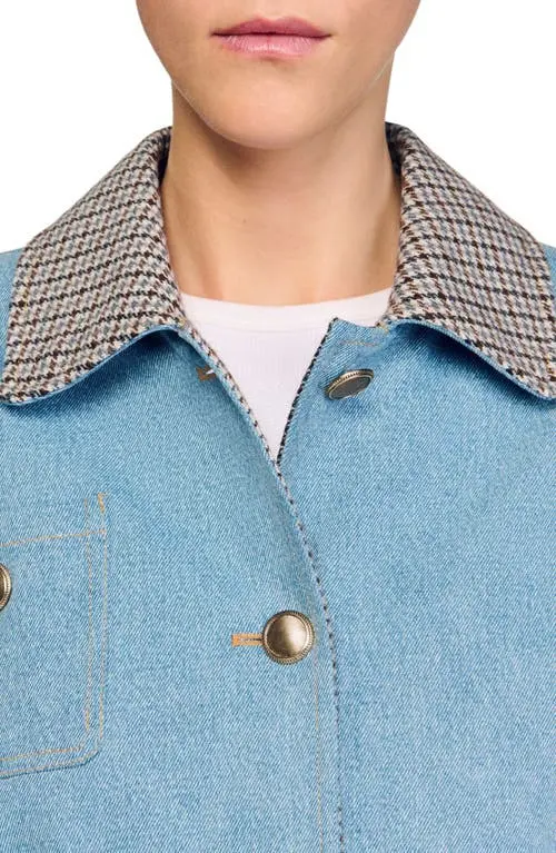 Sandro Plaid Collar Denim Jacket - Blue Jean