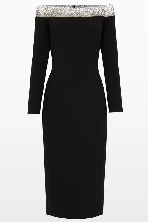Jenny Packham Calypso Off-shoulder Embellished Crepe Dress - Liquorice