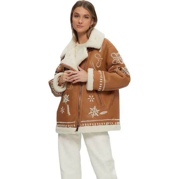 Gorski Genuine Shearling Zip Jacket With Embroidery - White/whiskey