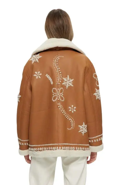 Gorski Genuine Shearling Zip Jacket With Embroidery - White/whiskey