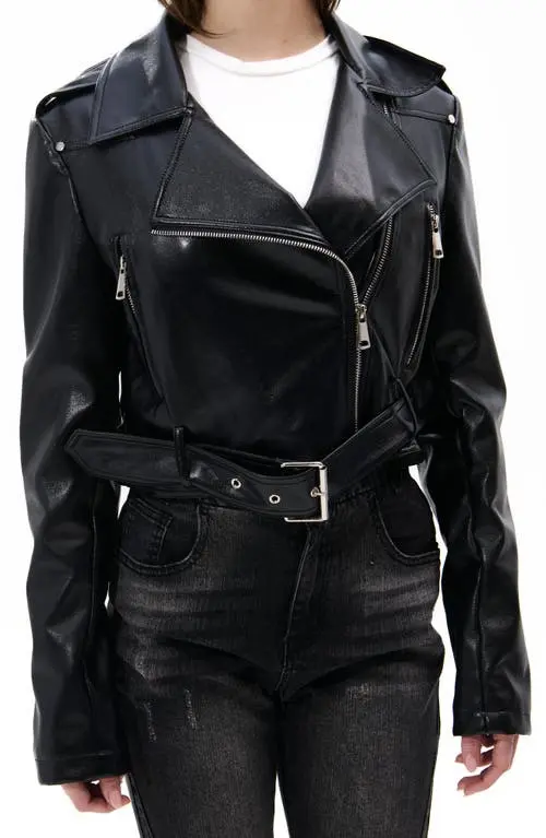 AZALEA WANG Faux Leather Crop Moto Jacket With Attached Belt - Black