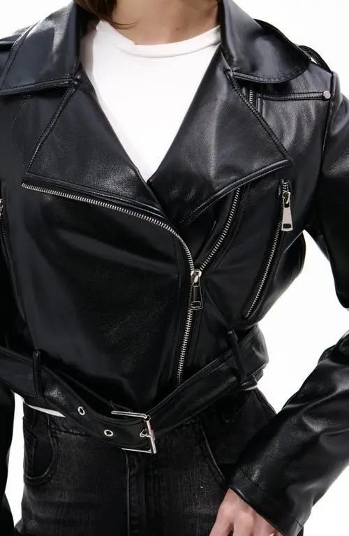AZALEA WANG Faux Leather Crop Moto Jacket With Attached Belt