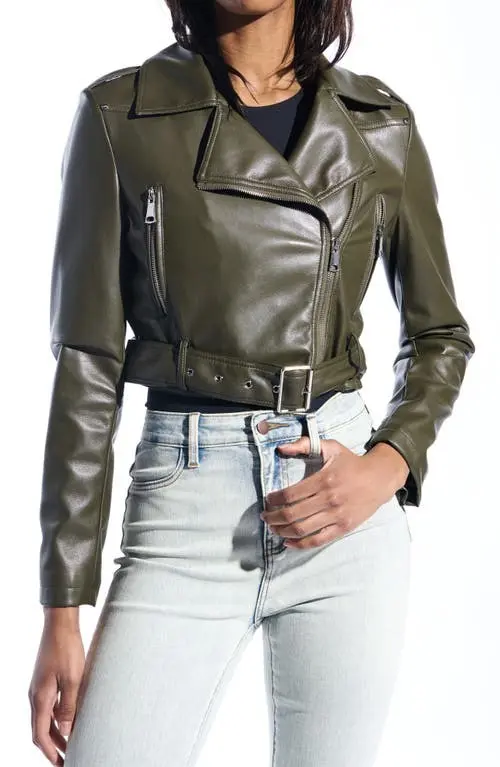 AZALEA WANG Faux Leather Crop Moto Jacket With Attached Belt - Olive