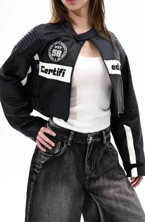AZALEA WANG Crop Faux Leather Racing Jacket