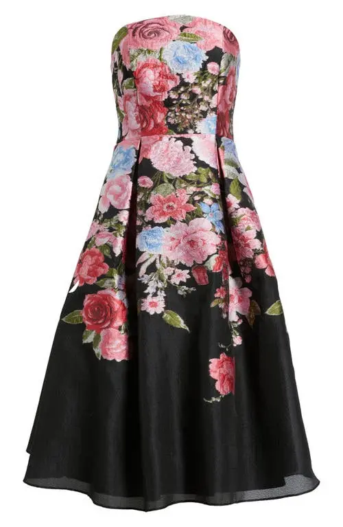 Eliza J Pleated Strapless Jacquard Cocktail Dress - Black Multi - 64% Off |  Editorialist