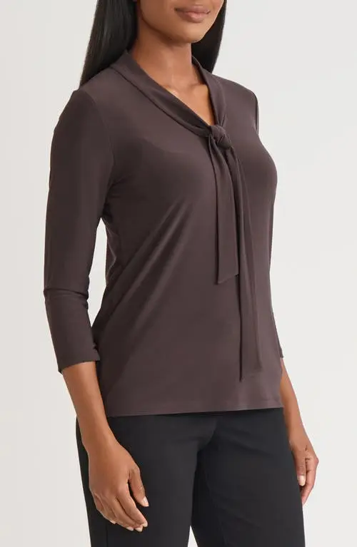 KASPER Tie Neck Top - Rich Chocolate