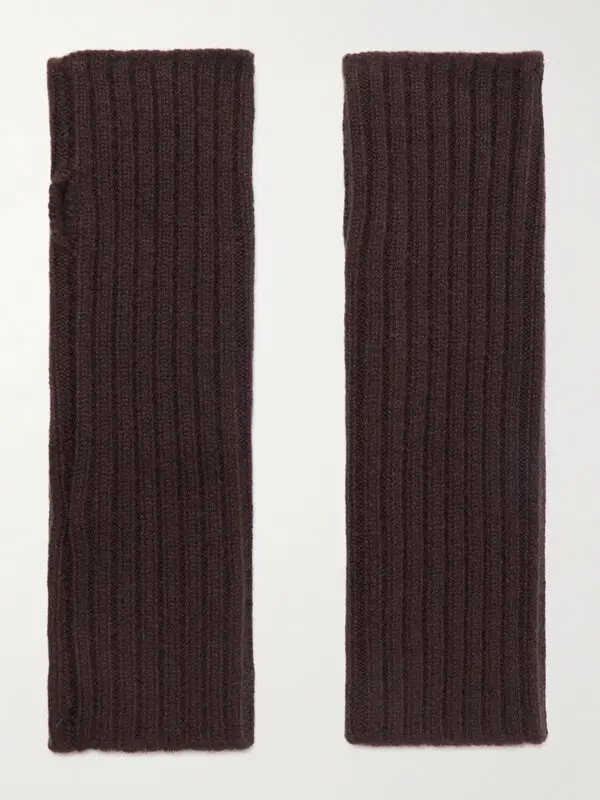 YVES SALOMON Ribbed Cashmere Fingerless Mittens - Brown