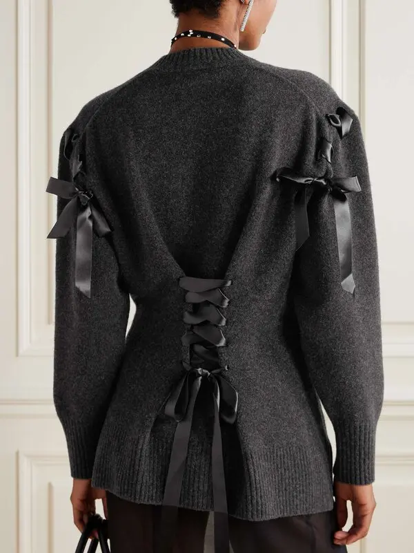 Simone Rocha Bow-embellished Merino Wool-blend Cardigan - Charcoal