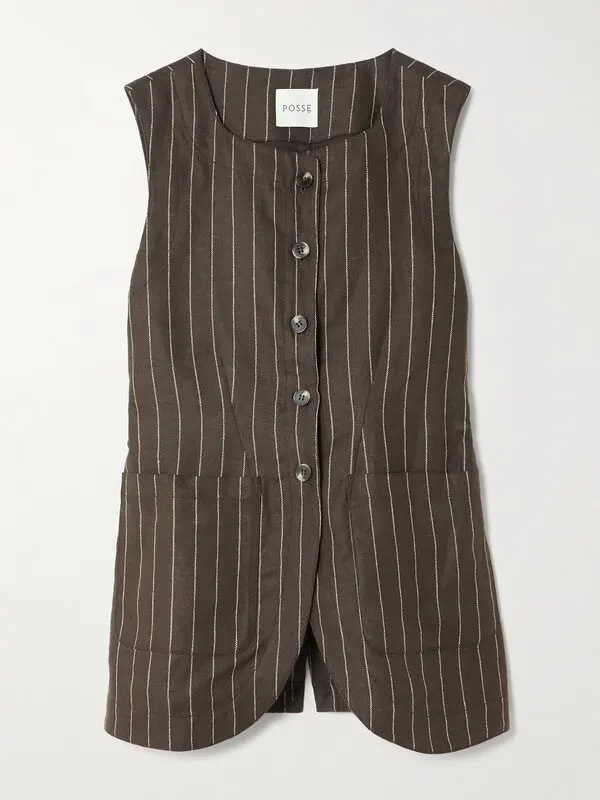 Posse Emma Pinstriped Linen-twill Vest - Brown