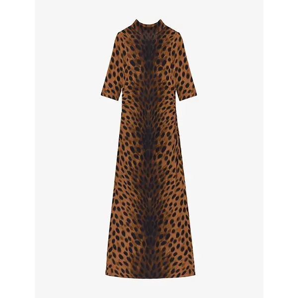 RO&ZO Leopard-print High-neck Jersey Maxi Dress