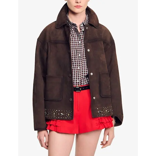 Sandro Studded Hem Suede Jacket