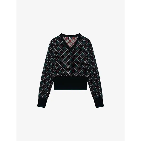 The Kooples Checked V-neck Stretch-knit Jumper