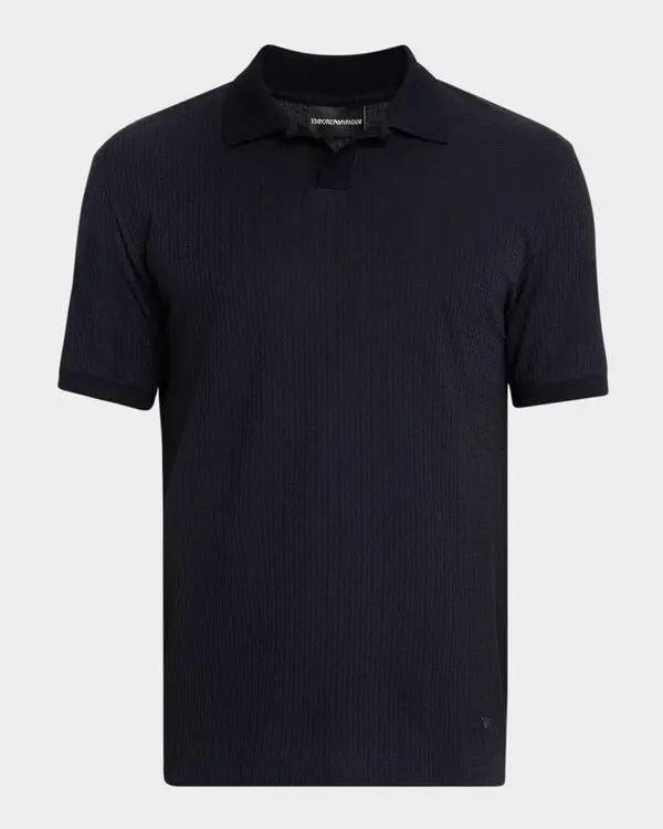 Emporio Armani Chain Stitch Jacquard Knit Polo Shirt - Blue