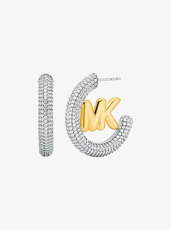 Michael Kors Large Pavé Logo Charm Two-tone Hoop Earrings - Silver