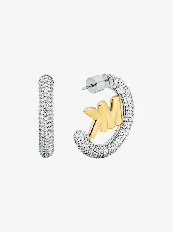 Michael Kors Large Pavé Logo Charm Two-tone Hoop Earrings