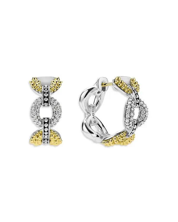 Lagos 18k Yellow Gold & Sterling Diamond Link Hoop Earrings - Silver