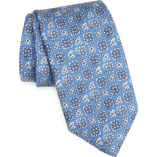 David Donahue Floral Medallion Print Silk Tie - Blue