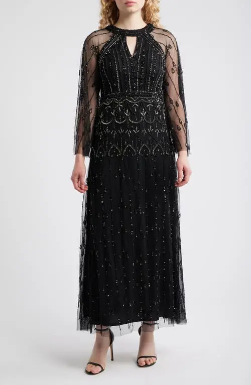 Pisarro Nights Illusion Long Sleeve Beaded A-line Gown